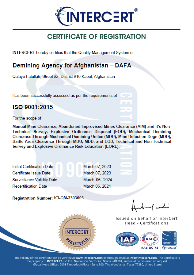 DAFA ISO 9001:2015 Certificate